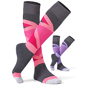 CS CELERSPORT 2 Pack Merino Wool Women's Ski Socks with Full Cushion, Winter Warm Thermal Socks for Skiing Snowboarding, Rose + Purple, Medium