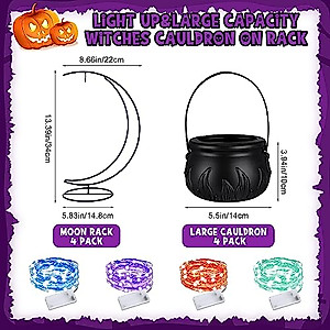Dandat 4 Sets Halloween Light up Witches Cauldron Candy Bucket Witches Cauldron Serving Bowls on Rack Black Plastic Candy Bucket Cauldron with String Lights for Indoor Outdoor Home Kitchen Decoration