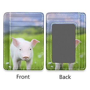 OTVEE Young Pig Spring Grass Meadow Slim Minimalist Wallet Small Card Wallets PU Leather Front Pocket Wallets