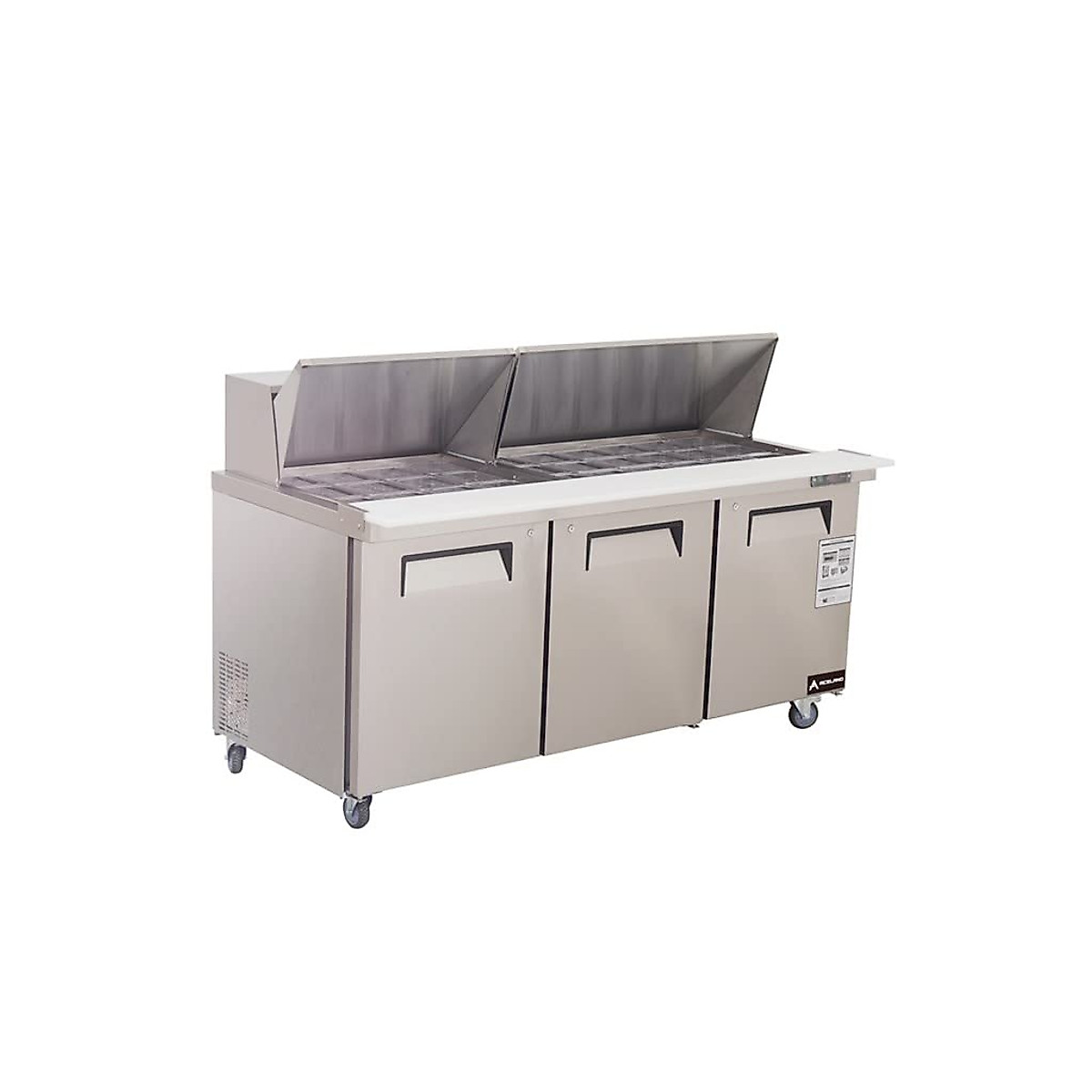 Aceland ASR-72BM 3 Door 72" MEGA Top Sandwich Prep Table Refrigerator - 20 Cu.Ft Refrigerated Salad Prep Station Table with Cutting Board and Pans, for Restaurant, Bar, Shop, Residential