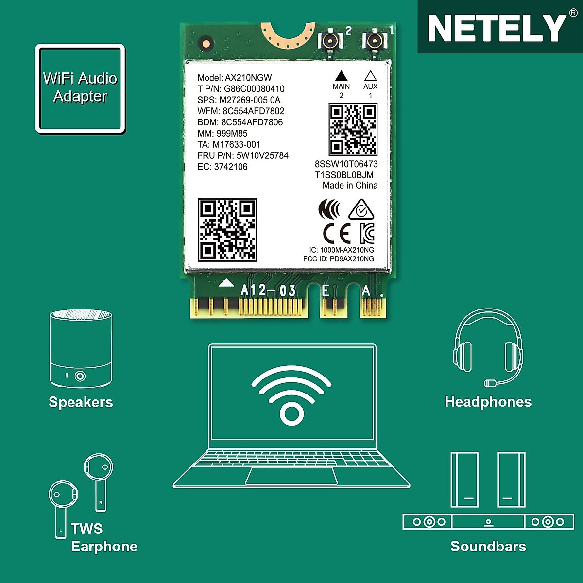 NETELY WiFi 6E AX210NGW 5400Mbps Tri-band NGFF M2 Interface WiFi Adapter with Bluetooth 5.2 for Windows 10 11 64bit Laptop PCs, 2.4GHz 574Mbps 5GHz 2400Mbps 6GHz 2400Mbps for Gaming (WiFi 6E AX210NGW)