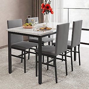 YOFE Dining Table Set for 4, Kitchen Table with 4 Chairs,Faux Marble Tabletop & 4 Durable Gray Velvet Chairs for Dining Room,Kitchen, Dinette, Breakfast Nook (Gray+White)