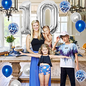 JOYMEMO 10th Birthday Decorations Blue, Peace Out Single Digits Tenth Birthday Party Supplies with Hanging Swirls & Paper Glitter Banner Cake Topper Double Digits Birthday Decor