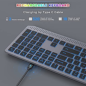 Backlit Bluetooth Keyboard Multiple Devices, Full Size Multi-Device Slim Rechargeable Bluetooth 5.1 Keyboard for Windows Mac OS Android, Backlit Wireless Keyboard for Laptop, Tablet, iPad, iPhone