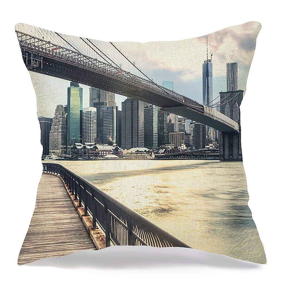 Decorative Linen Square Throw Pillow Cover Seaport Water New Financial York City Travel Binoculars Parks Outdoor View HDR Urban Empire East Cozy Cushion Pillowcase Case for Couch Car 16 x 16 Inch