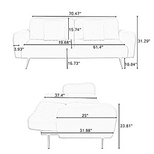 70“ Futon Bed with Mattress Included,Futon Couch Sofa Bed w/ Split Backrest and 2 Throw Pillows,Convertible Loveseat Sleeper w/ Gold Metal Legs and Arms for Living Room Bedroom Small Space (Grey)
