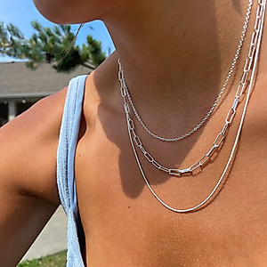 Tasiso Silver Necklaces for Women Silver Plated Layering Paperclip Box Chain Necklace Layered Simple Chain Choker Necklace Set Minimalist Everyday Waterproof Jewelry Gifts