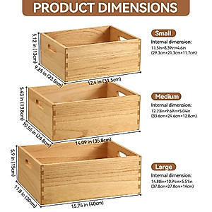 KIRIGEN Nesting Wood Crates with Handles Set of 3 - Farmhouse Decor Wooden Storage Containers/ Portable Rolling Tray Basket/ Crates Decorative Boxes Natural 3TH-NA