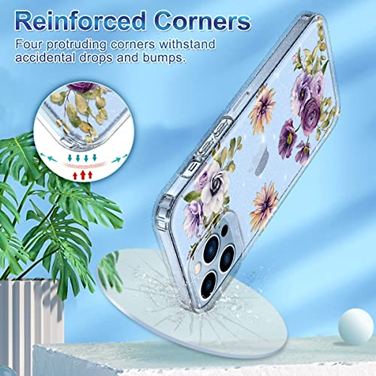 Lamcase iPhone 13 Pro Max Floral Case - 2 Screen + 2 Camera Protectors, Clear Bling Sparkly Hard PC, Slim, Drop & Shockproof