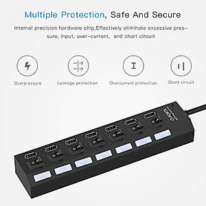 Lysee Data Cables - 7 Ports Micro Hub USB Splitter High Speed USB Hub 2.0 480Mbps On Off Switch USB Splitter Adapter For PC Laptop Computer USB Hub - (Color: White)