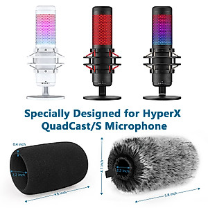 Pop Filter for Hyperx Quadcast s, Mic Foam Cover+Furry Wind Muff Compatible with Hyperx Quadcast s Microphone Pop Filter Windscreen Cover for Indoor/Outdoor Use,Combo 2Pack