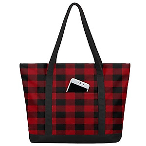 Red Buffalo Plaid Canvas Totes Shoulder Bag for Women Girls, Checkered Pattern Handbag with External Pockets Daily Essentials Large Top Zipper Cloth Bag