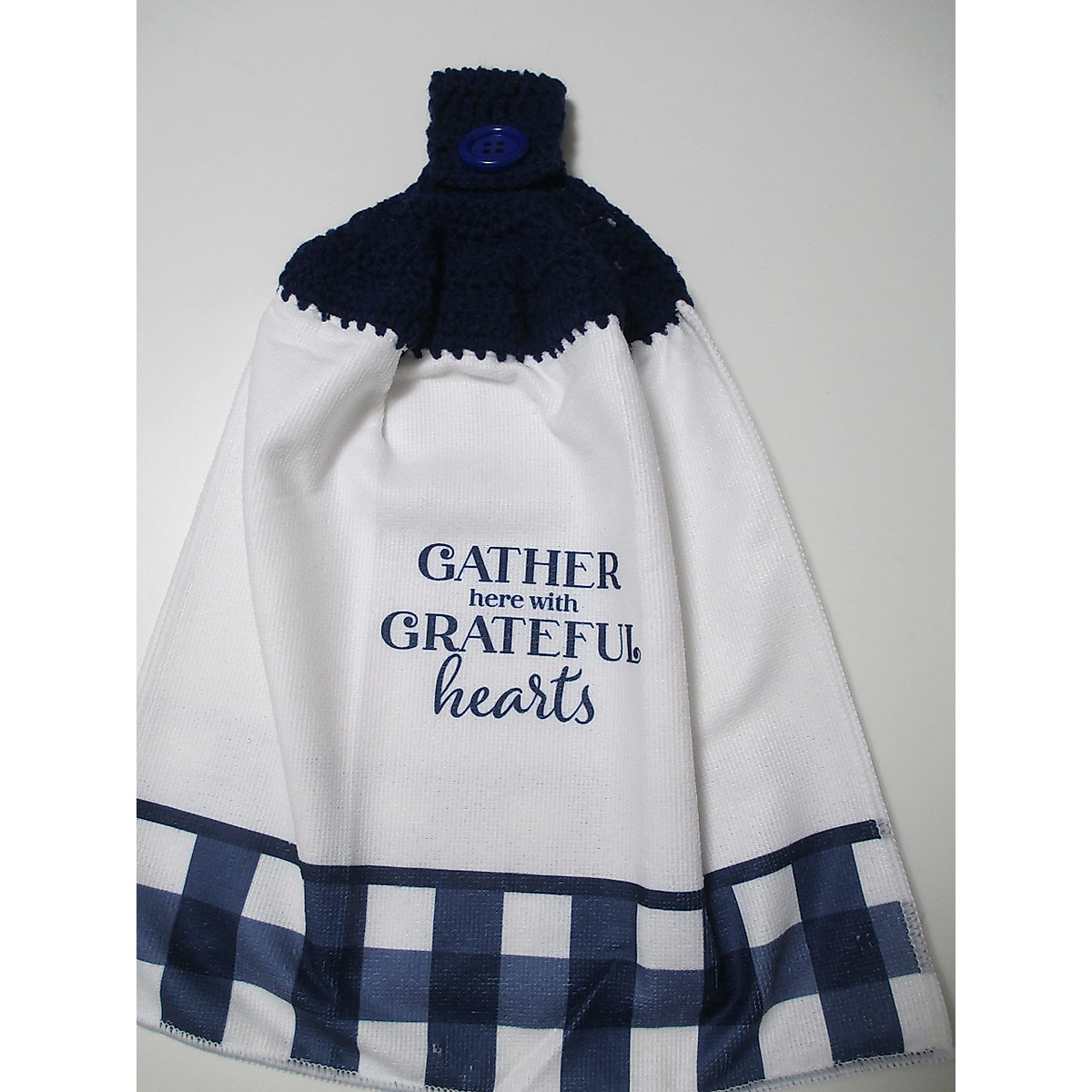 Crocheted FULL Towel Fall Gather Here With Grateful Hearts Kitchen Towel with Soft Navy Yarn