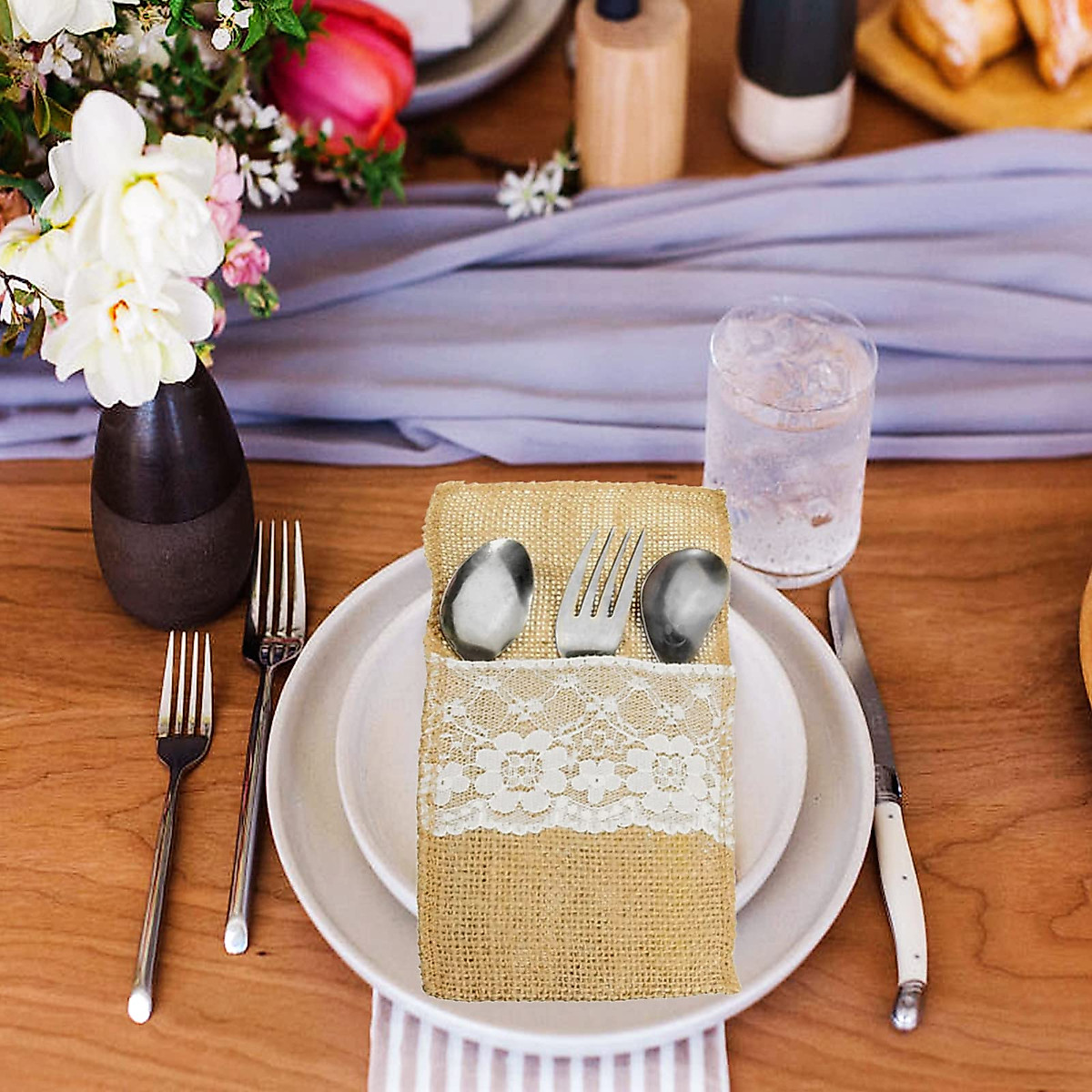 FQTANJU 50 PCS 4"x8" Hessian Burlap Lace Wedding Cutlery Holder Pouch Rustic Decorations Favor