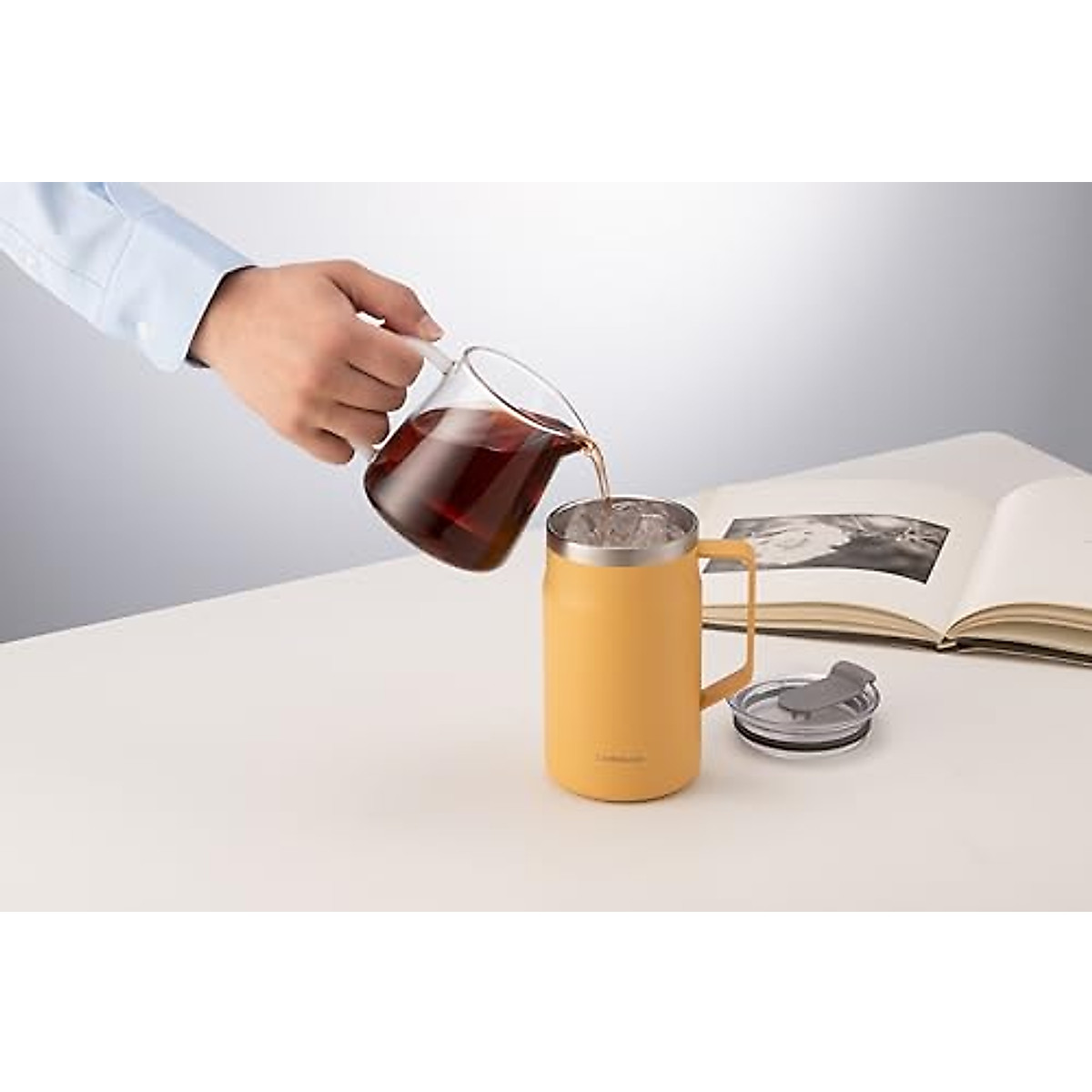 LocknLock Metro Mug Premium 18/8 Stainless Steel Double Wall Insulated with Handle Perfect for table with Lid, Yellow, 20 oz