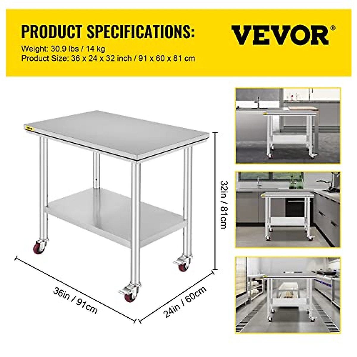 Mophorn Stainless Steel Work Table 36x24 Inch with 4 Wheels Commercial Food Prep Worktable with Casters Heavy Duty Work Table for Commercial Kitchen Restaurant