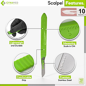 Disposable Scalpel with Plastic Handle - Sterile Single Blade Razor for Dermaplaning, Dissection, Podiatry, Professional Grooming, Acne Removal - Surgical Stainless Steel Tool - Box of 10 (No.10)