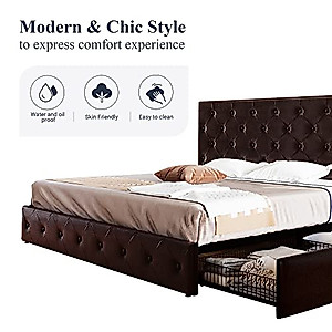 Allewie Upholstered Full Size Platform Bed Frame with 4 Storage Drawers and Headboard, Diamond Stitched Button Tufted, Mattress Foundation with Wooden Slats Support, No Box Spring Needed, Black Brown