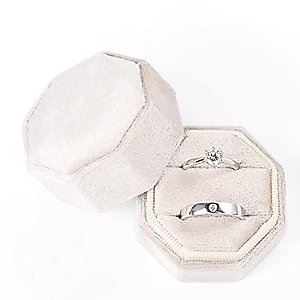 Etercycle Velvet Ring Box, Octagon Gorgeous Vintage Double Jewelry Ring Gift Box with Detachable Lid for Proposal Engagement Wedding Ceremony (Beige)