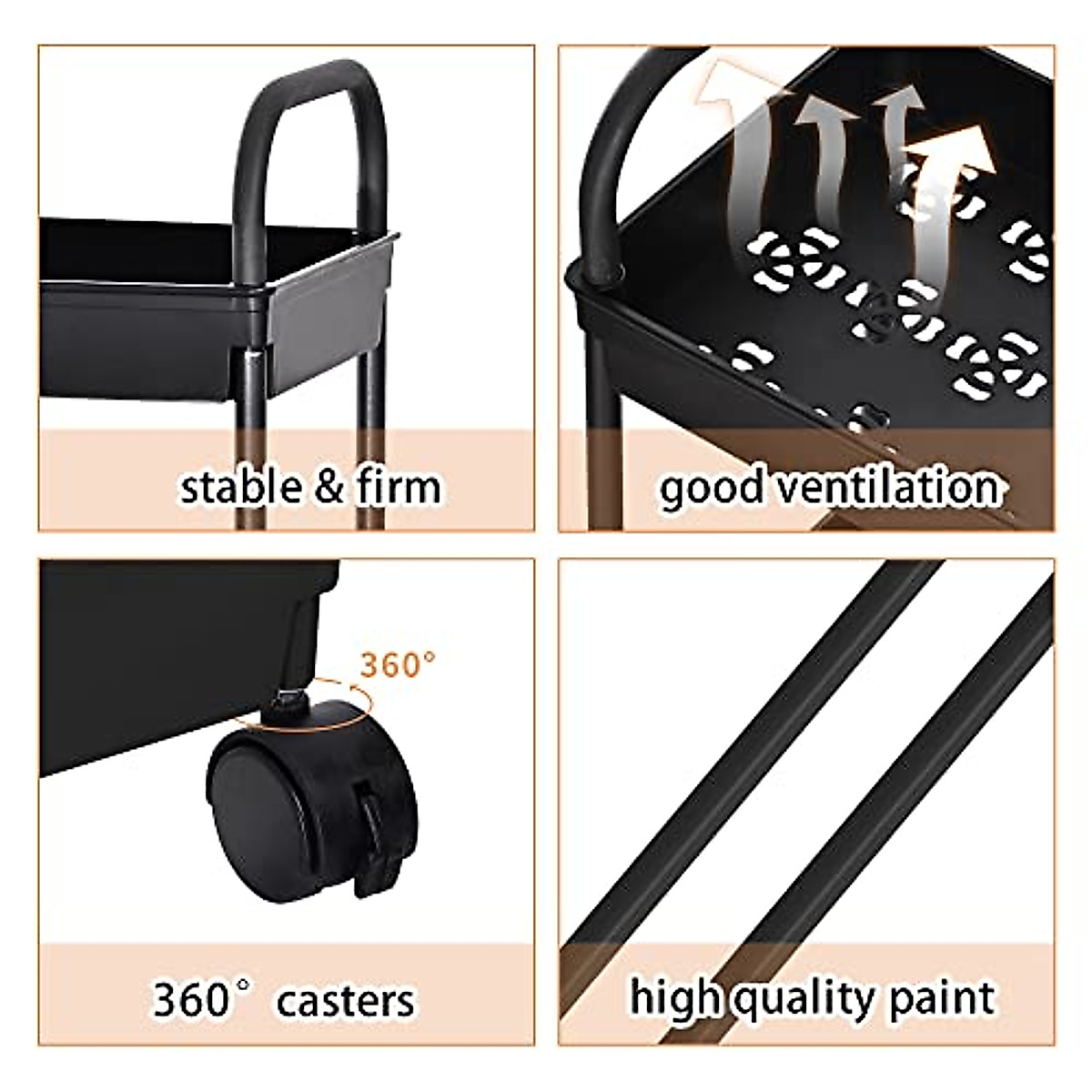 WASJOYE 3-Tier Plastic Rolling Utility Cart with Handle, Black Home Kitchen Office Storage Trolley Cart with Wheels (14 * 8.9 * 33.5 Inch)