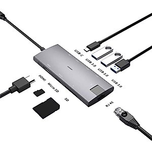 8 in 1 USB C Hub, USB Type C Adapter with 4K HDMI, RJ45 Gigabit Ethernet Port, 3 USB 3.0 Ports, SD/Micro SD Card Reader, Type C PD, for MacBook PRO/Air, iPad PRO and More