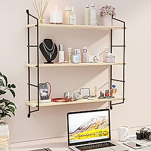 BENOLDY, 3 Tier Classic Black Metal Frame Wall Mounted Floating Shelf with Pine Wood Rack - Decorative Storage Wall Shelves for Bathroom, Kitchen, Living Room, and Bedroom Organization