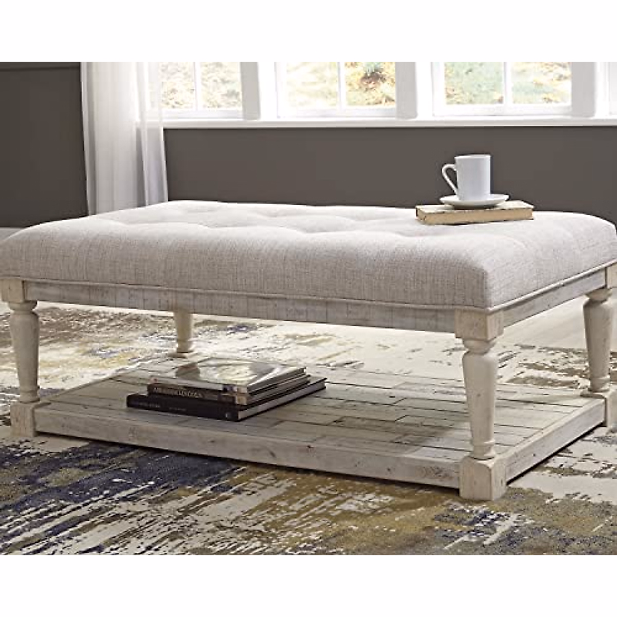 Signature Design by Ashley Shawnalore Farmhouse Upholstered Solid Wood Ottoman Coffee Table, Whitewash