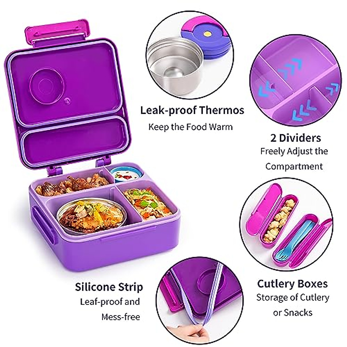 HAIXIN Bento Box for Kids - Insulated Lunch Box with Thermos for Hot Food, Leak-proof Kids Lunch Box with Cutlery and Snack Box, 4-Compartments Lunch Container for School Outdoors Office (Purple)