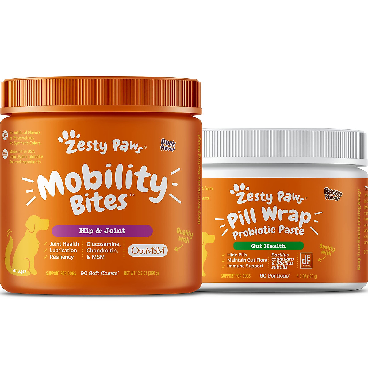 Zesty Paws Glucosamine for Dogs - Hip & Joint Health Soft Chews with Chondroitin & MSM + Pill Wrap Probiotic Paste for Dogs - Immune & Digestive System Support