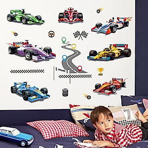 wondever Racing Car Wall Stickers Vehicles Roads Peel and Stick Wall Art Decals for Kids Bedroom Boys Room Playroom
