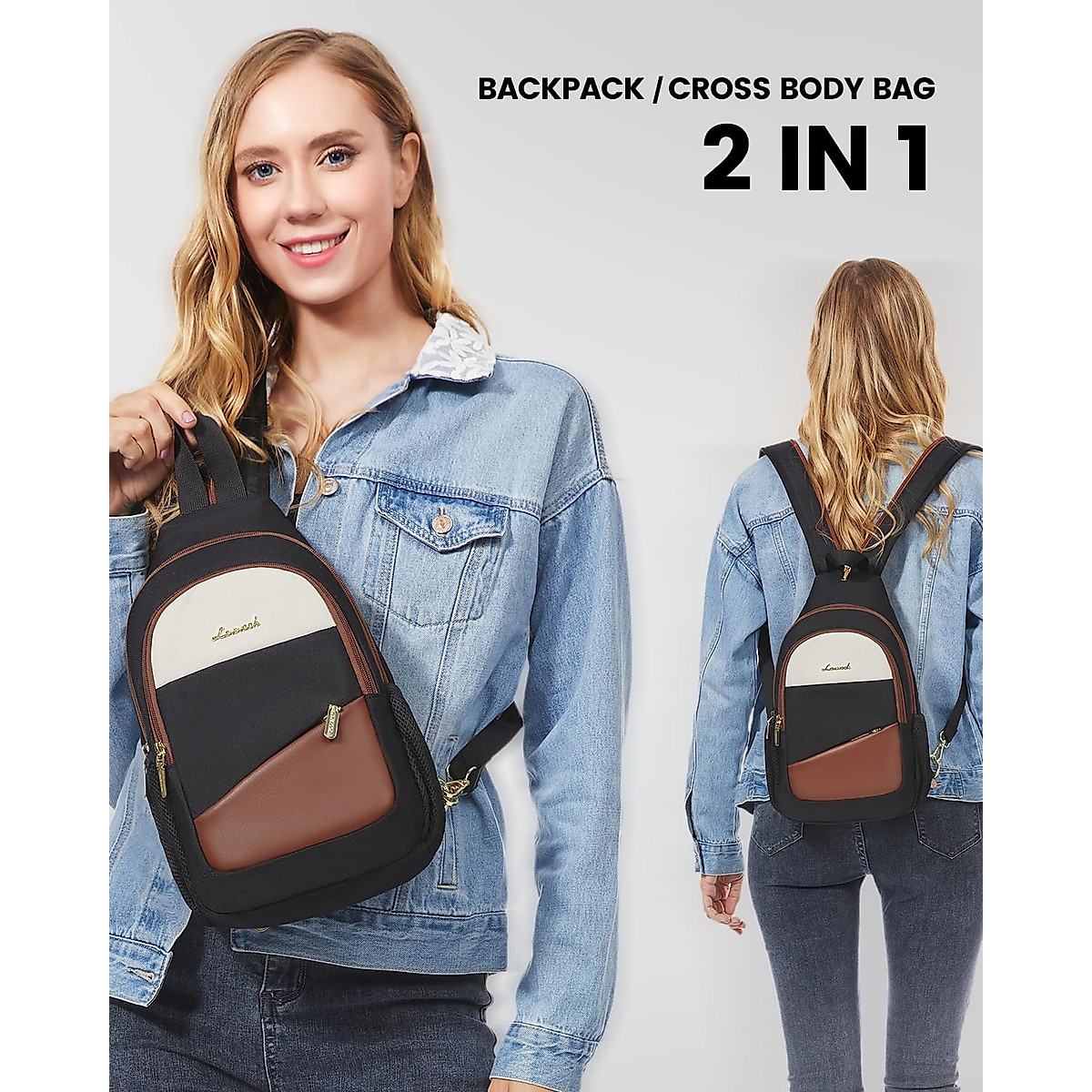 LOVEVOOK Sling Bag for Women, Sling Backpack Crossbody Bag Convertible, Small Diaper Bag Hiking Daypacks Water-resistant, Travel Shoulder Bag Chest Bag, Black Brown Beige