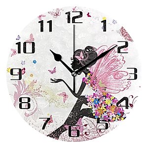 African Black Girl Floral Flower Wall Clock, Garden Butterfly Silent Non Ticking Round Clock for Home Kitchen Bedroom Desktop Stand Bathroom Living Room Decor Office Classroom Clock Art 9.5 Inch