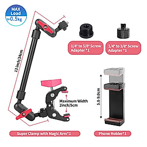 JEBUTU 13"/34cm Magic Arm w Clamp, Camera Mount & Clamp w 1/4" 3/8" Threads and Articulating Friction Magic Arm, Overhead Phone Mount, Camera Boom Arm Mount for Light Webcam Mic Action Camera Monitor