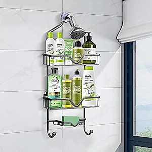 Lucalda Shower Caddy, Shower Caddy over Shower Head Bathroom Shower Hanging Caddy Aluminum, Hanging Shower Organizer over the Head Shower Rack, 2 Hooks Soap Shelf Gray, 25.2" × 10.6" × 4.3"