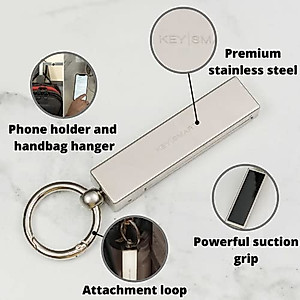 KeySmart BagHang Plus - 2-in-1 Purse Hook for Table & Phone Stand - Bag Holder and Hanger for Table Tops - Keychain Purse Hanger for Desk - Easy to Clip and Strong Grip Carabiner - Stainless Steel