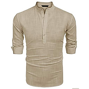 COOFANDY Mens Cotton Linen Henley Hippie Casual Beach T Shirt, Khaki, Medium, Long Sleeve