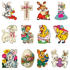 A1diee 12Pcs Vintage Easter Cutouts Decorations Retro Easter Victorian Ephemera Paper Cut Craft Bunny Lamb Chick Egg Duckling Cross Large Artwork Cardboard with Glue Point for Home Wall Window Decor