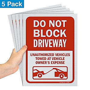 SmartSign (Pack of 5) 12 x 9 inch “Do Not Block Driveway - Unauthorized Vehicles Towed” Sign, Screen Printed, 10 mil Polystyrene Plastic, Red and White, Made in USA