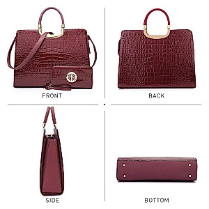 Womens Handbag Top Handle Shoulder Bag Tote Satchel Purse Work Bag with Matching Wallet (2-Croco Wine)