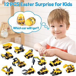 EZIGO Easter Eggs Fillers with Construction Vehicles Building Blocks, 12 Pack Bulk Toy, Basket Stuffers Easter Party Favors Supplies Classroom Prize Easter Hunts Gift for Kids