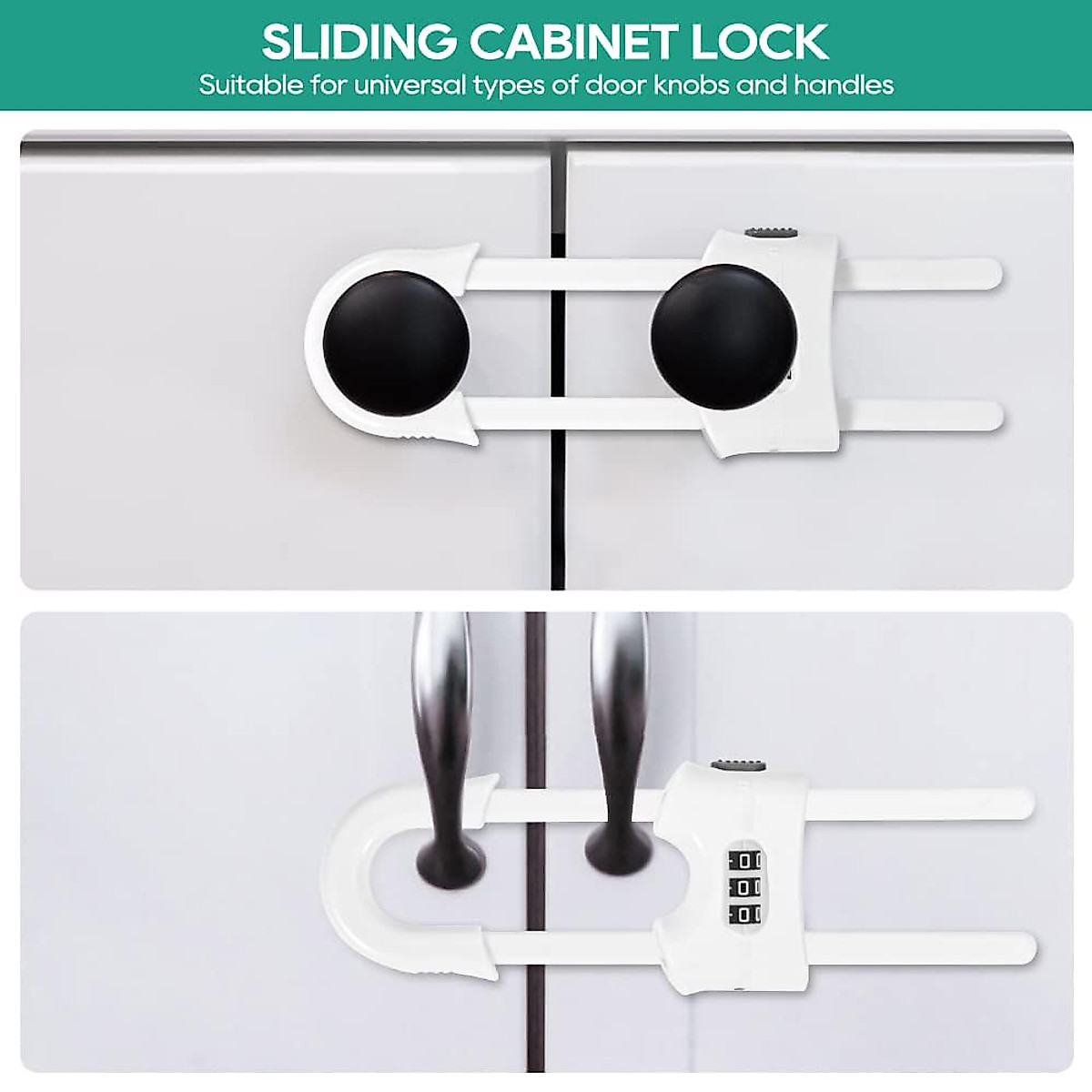 HonesaLoc 4 Packs U-Shaped Sliding Cabinet Locks, Baby Proofing Cabinets with Adjustable Child Safety Lock, Childproof Latches for Knobs, Handles on Kitchen Doors and Home Drawers Closet - White