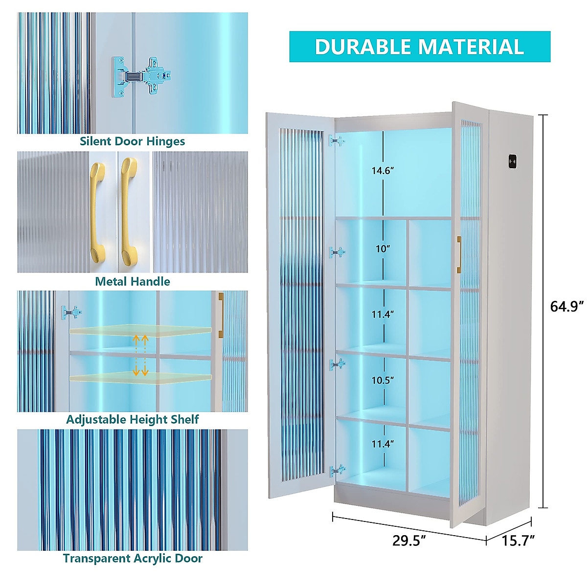 LVSOMT 65" Storage Cabinet with LED Lights, White Display Curio Cabinet with 2 Doors and 5-Tier Shelves, Tall Bookcase Modern Bookshelf, Kitchen Pantry for Home Office, Living Room (White)
