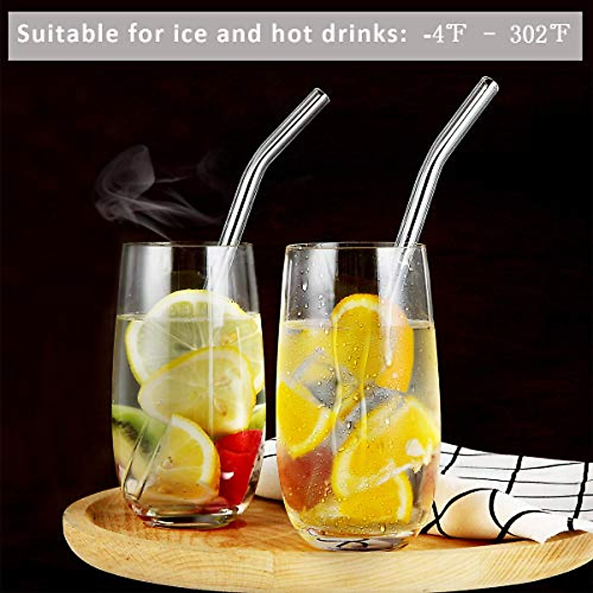 8pcs Glass Drinking Straws, Straight 9 inches x 10mm Bent 8.2 inches x 10mm, Reusable for Hot or Cold Drinks, Eco Friendly, Cleaning Brushes Included