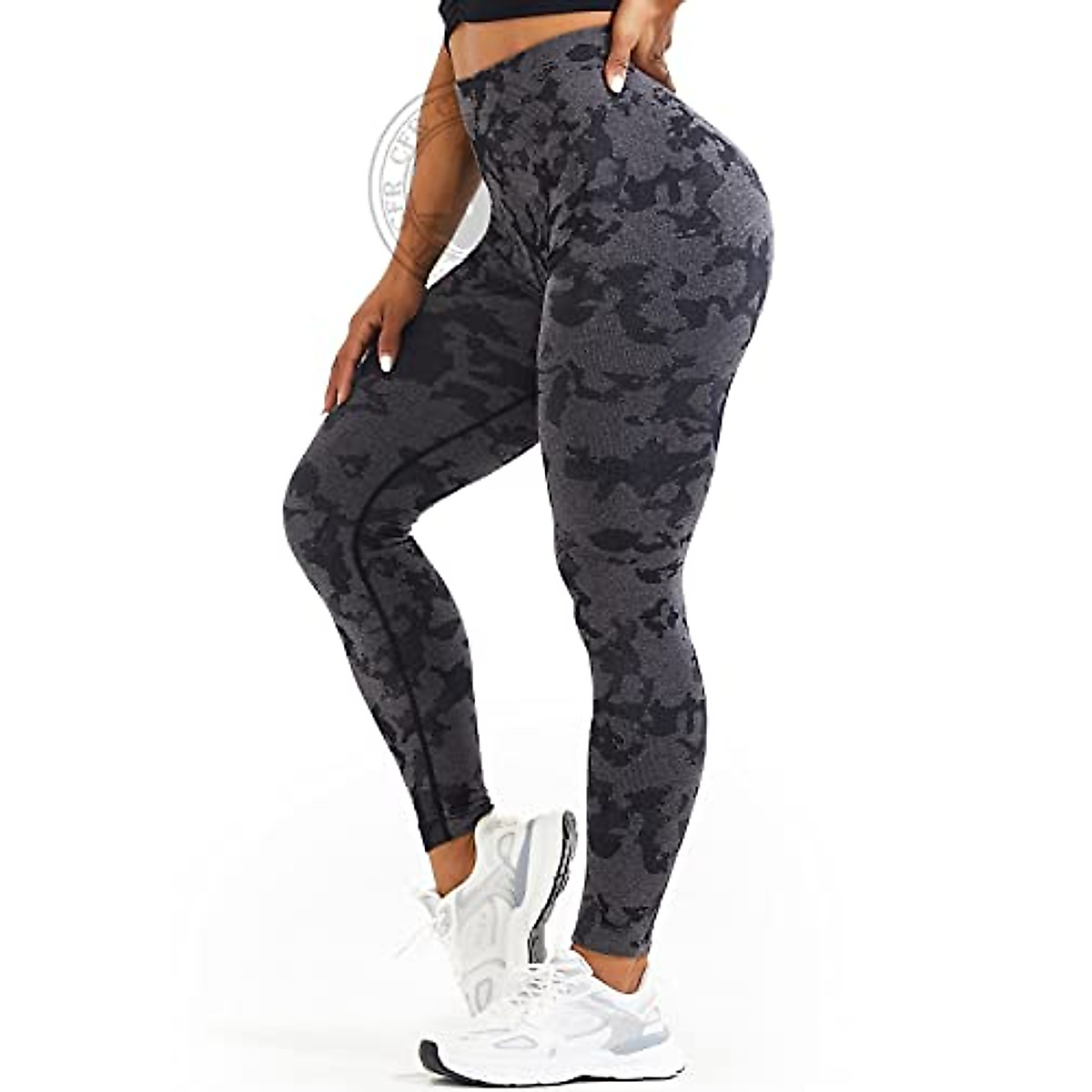 CFR Women's Big Camo Print Seamless Leggings High Waist Workout Stripe Butt Lifting Tummy Control Ruched Yoga Pants Compression Sports Stretch Workout Fitness Gym Exercise Daily Dress Camo Black M