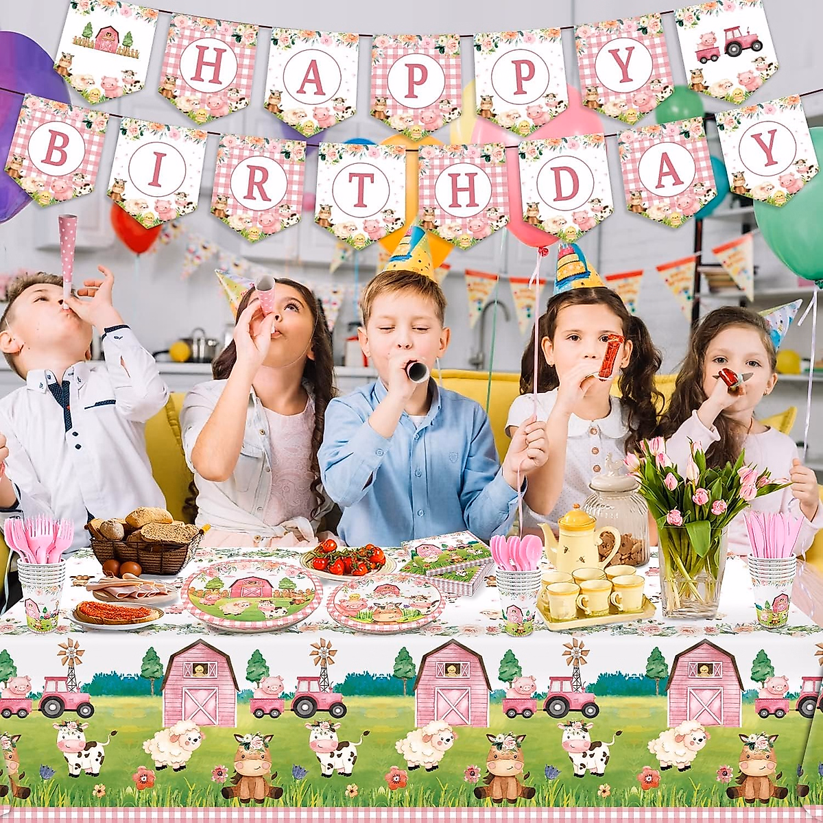 171Pcs Farm Animals Party Supplies Tableware Set Cute Pink Animal Baby Shower Includes Plate Napkins Cups Farm Tablecloth Banner for Farm Birthday Party Barn Animal Theme Party