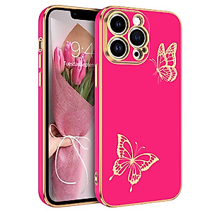 BENTOBEN for iPhone 13 Pro Max Case, Butterfly Design Women Girl iPhone 13 Pro Max Phone Case Slim Fit Luxury Shockproof Electroplated Soft Protective Cover Case for iPhone 13 Pro Max 6.7",Hot Pink