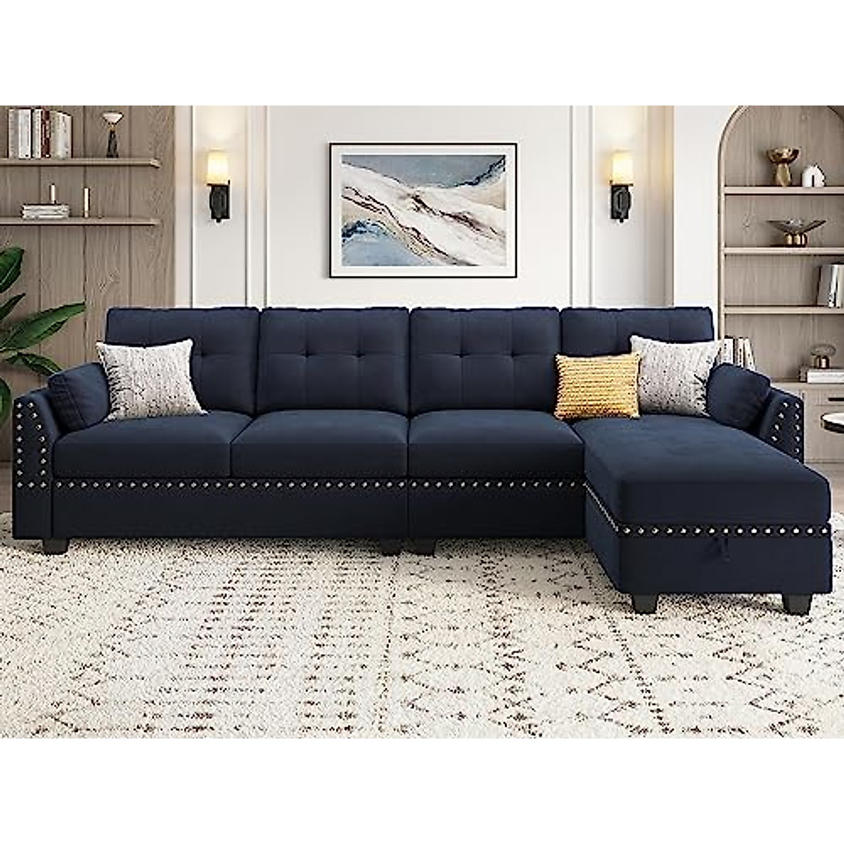 HONBAY Velvet Sectional Sofa L Shaped Couch Reversible Sectional Couch Sofa for Small Space,Dark Blue