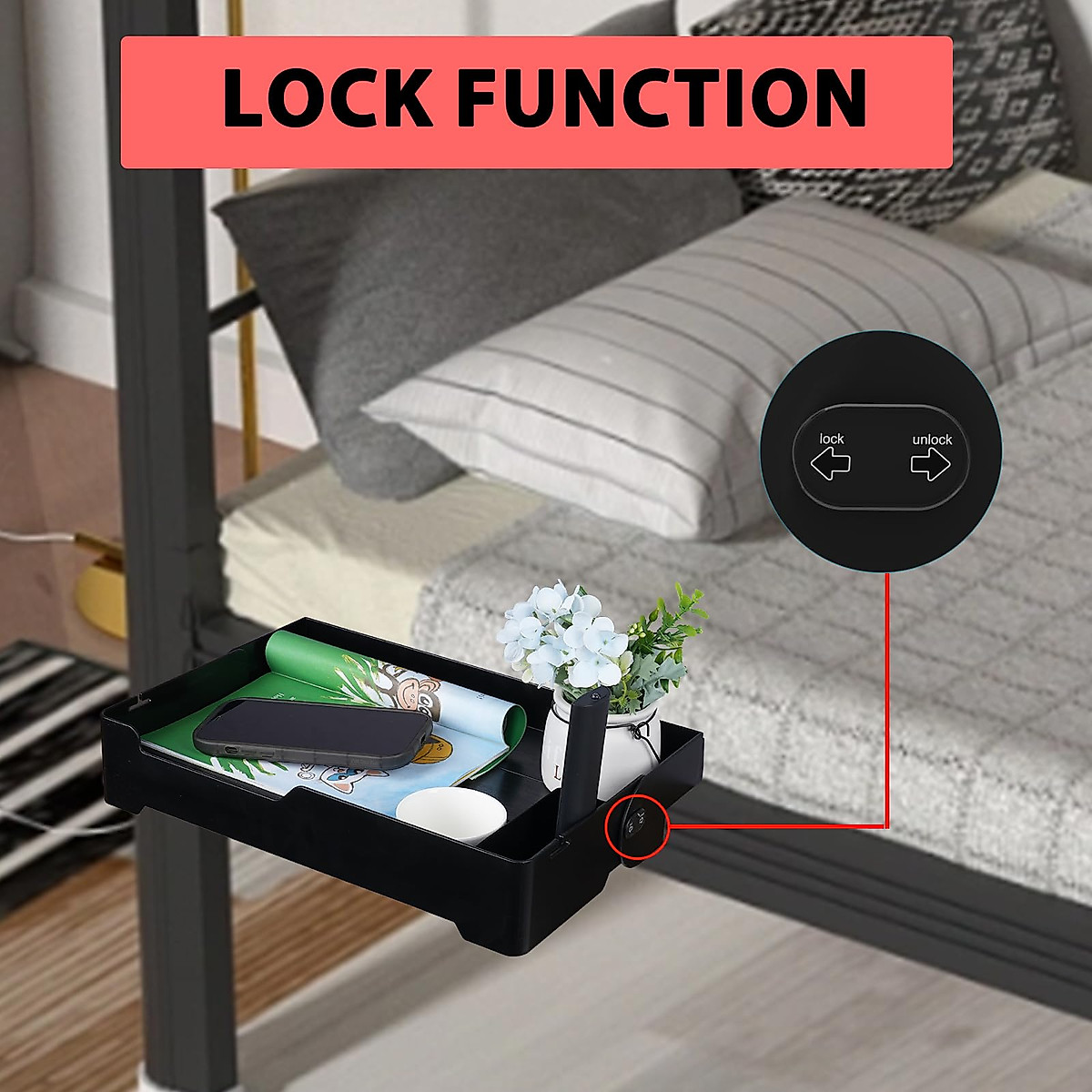 YONGJIA Foldable Bedside Shelf, bunk Bed Tray for top bunk, College, Dorm, Bedroom, Kids bunk Bed, Foldable nightstand for Book, iPhone, Kindle, Water Cup (Black)