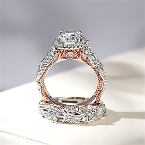 Jeulia 4 Carat Leaf Rings for Women 925 Sterling Silver 18 K Rose Gold Plated Round Cut Engagement Ring Set White Diamond Halo Cubic Zirconia Wedding band CZ Solitaire Anniversary Promise Rings (6.5)