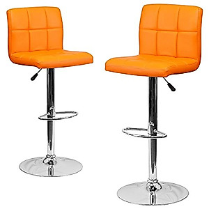 KLS14 Modern Design Barstools Hight Adjustable Seat Hydraulic 360-Degree Swivel Sturdy Steel Frame Padded Cushion Seat Dining Chair Bar Pub Stool Home Office Furniture - Set of 2 Orange #1974